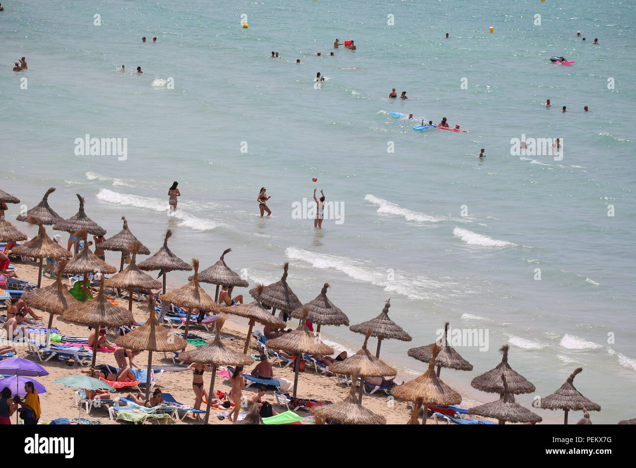 General view over the touristic beach of El Arenal in the Spanish ...