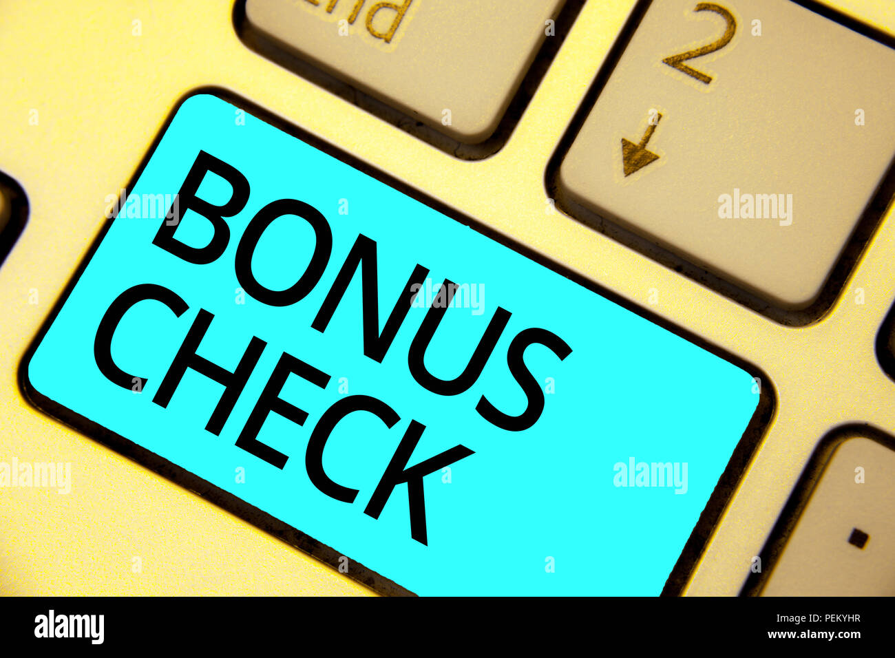 Text sign showing Bonus Check. Conceptual photo something in addition ...