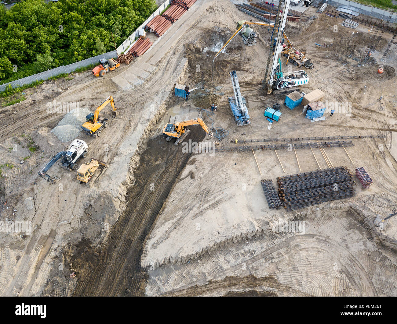 Aerial top view of the construction site at the initial stage of ...