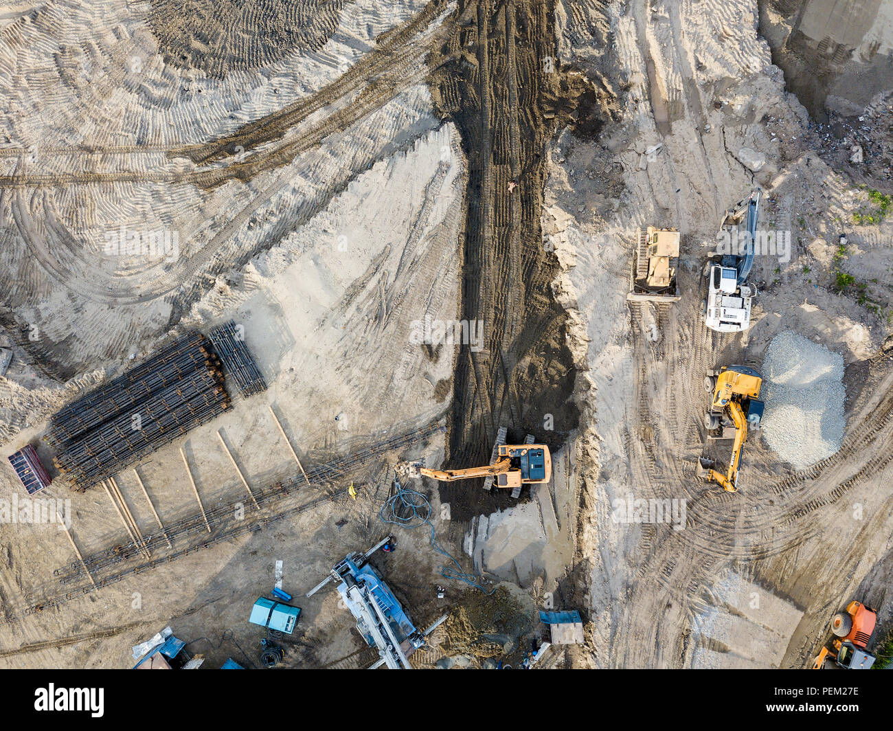 Aerial top view of the construction site at the initial stage of ...