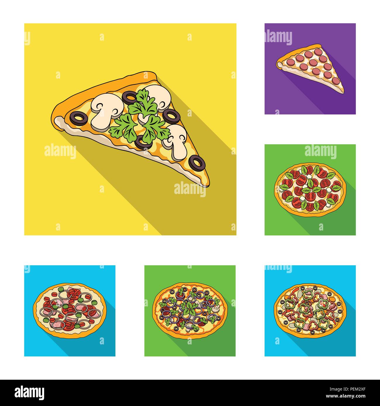 Different pizza flat icons in set collection for design.Pizza food ...