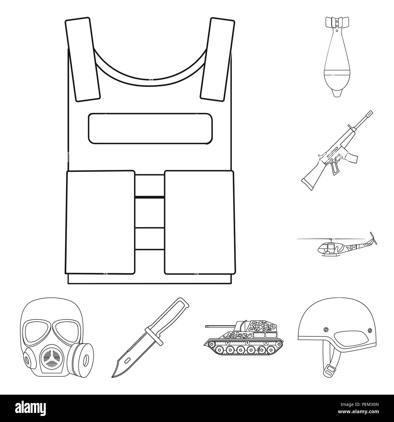 Army and armament outline icons in set collection for design. Weapons ...
