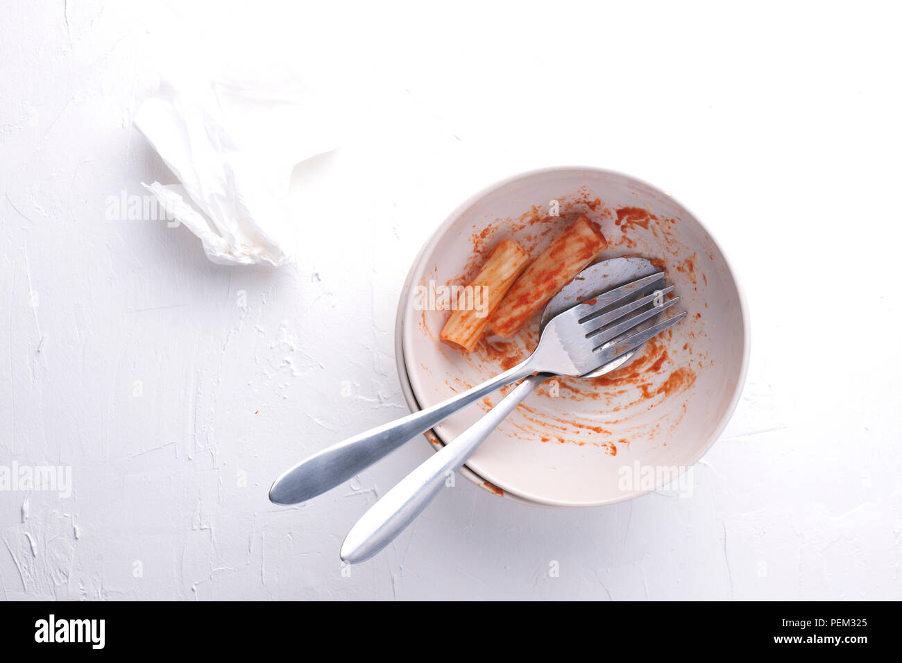dirty plate, fork and spoon. Utensils with slices of food. Free space ...