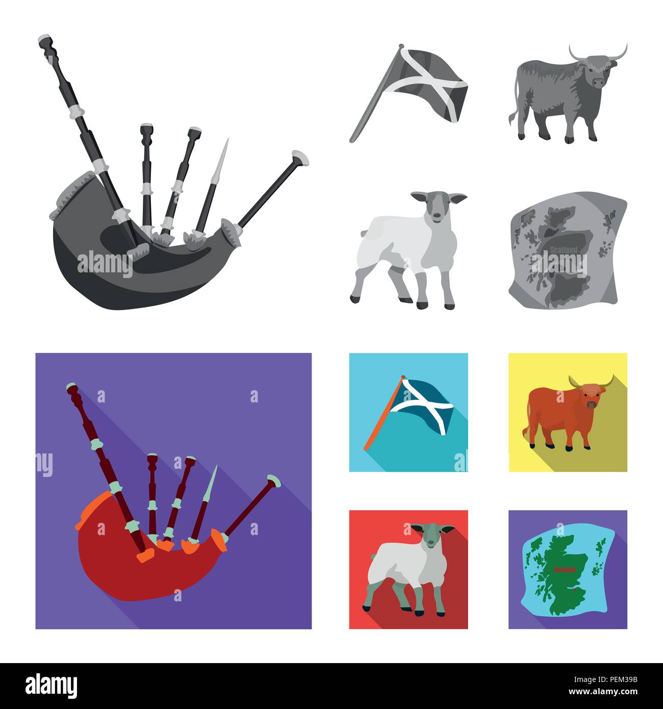 The state flag of Andreev, Scotland, the bull, the sheep, the map of ...