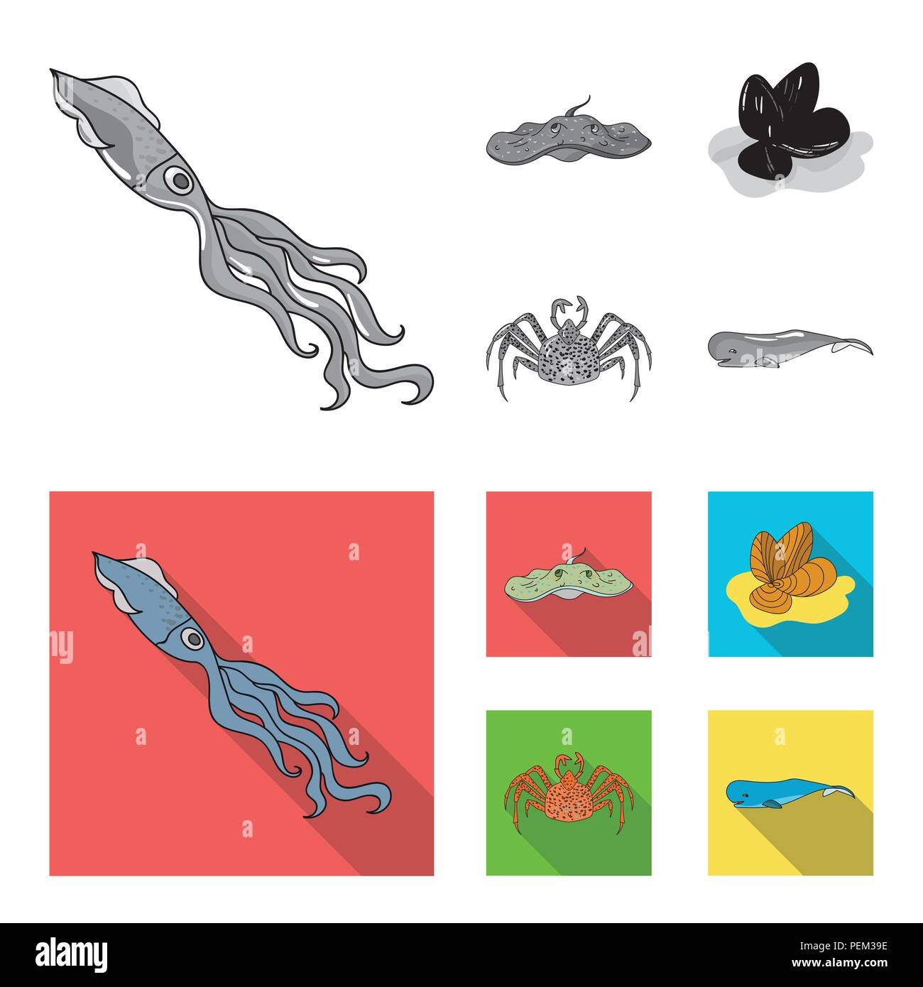 Electric ramp, mussels, crab, sperm whale.Sea animals set collection ...