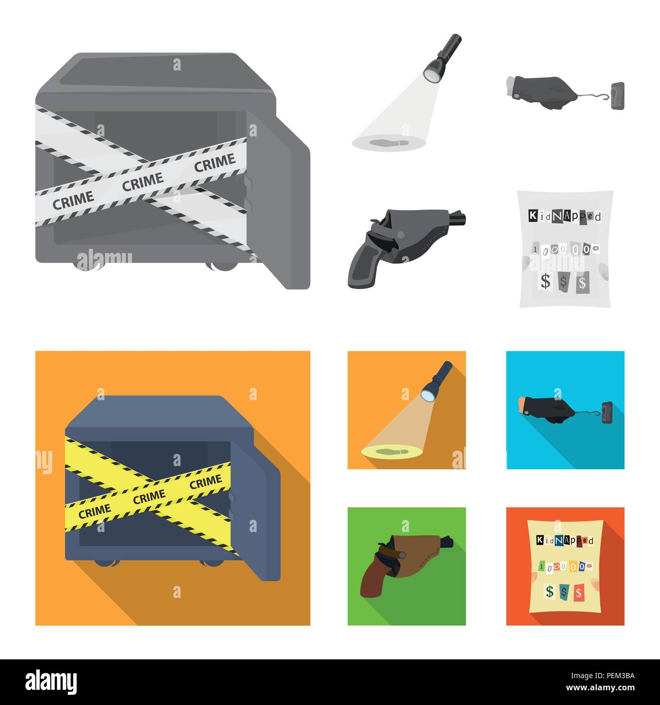 The detective flashlight illuminates the footprint, the criminal hand ...