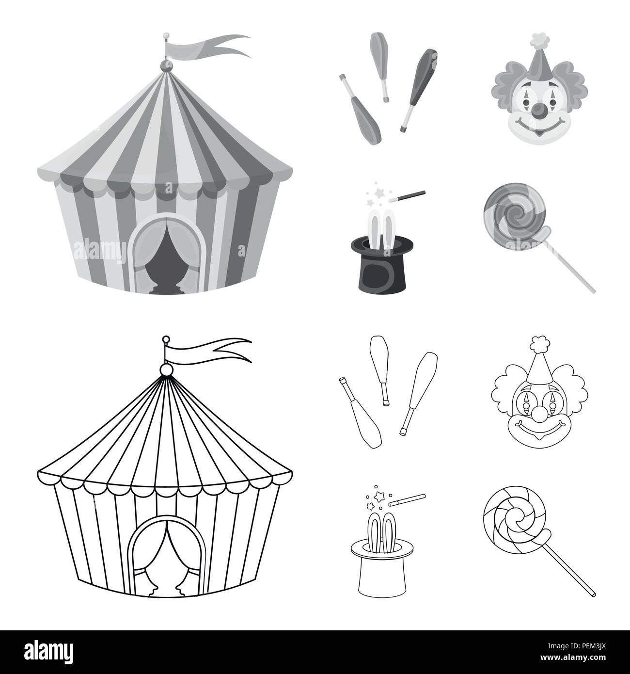 Circus tent, juggler maces, clown, magician hat.Circus set collection ...