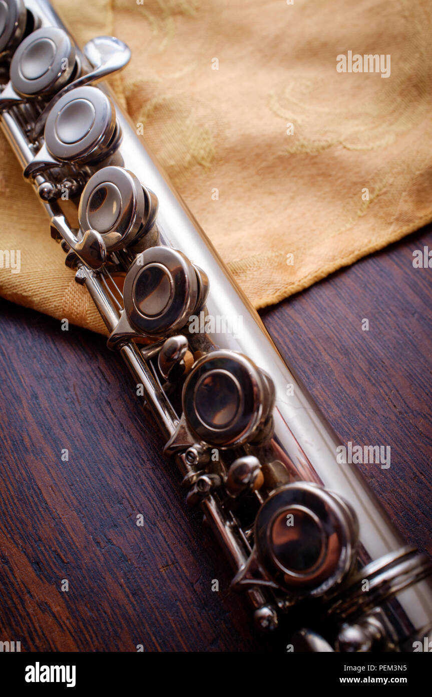 Closeup detail orchestra musical instrument silver flute Stock Photo ...
