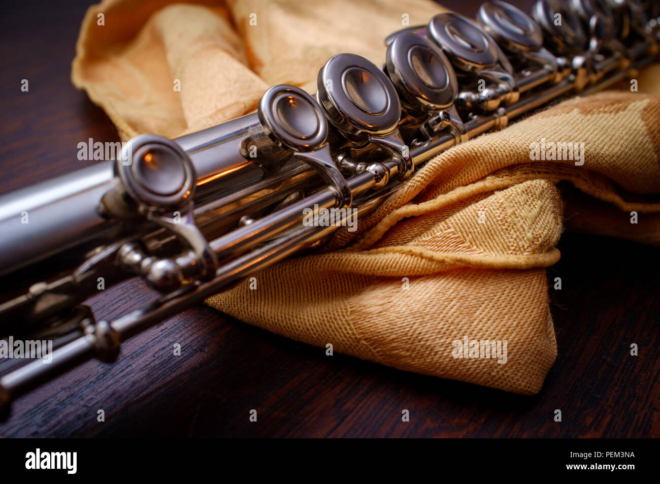 Closeup detail orchestra musical instrument silver flute Stock Photo ...