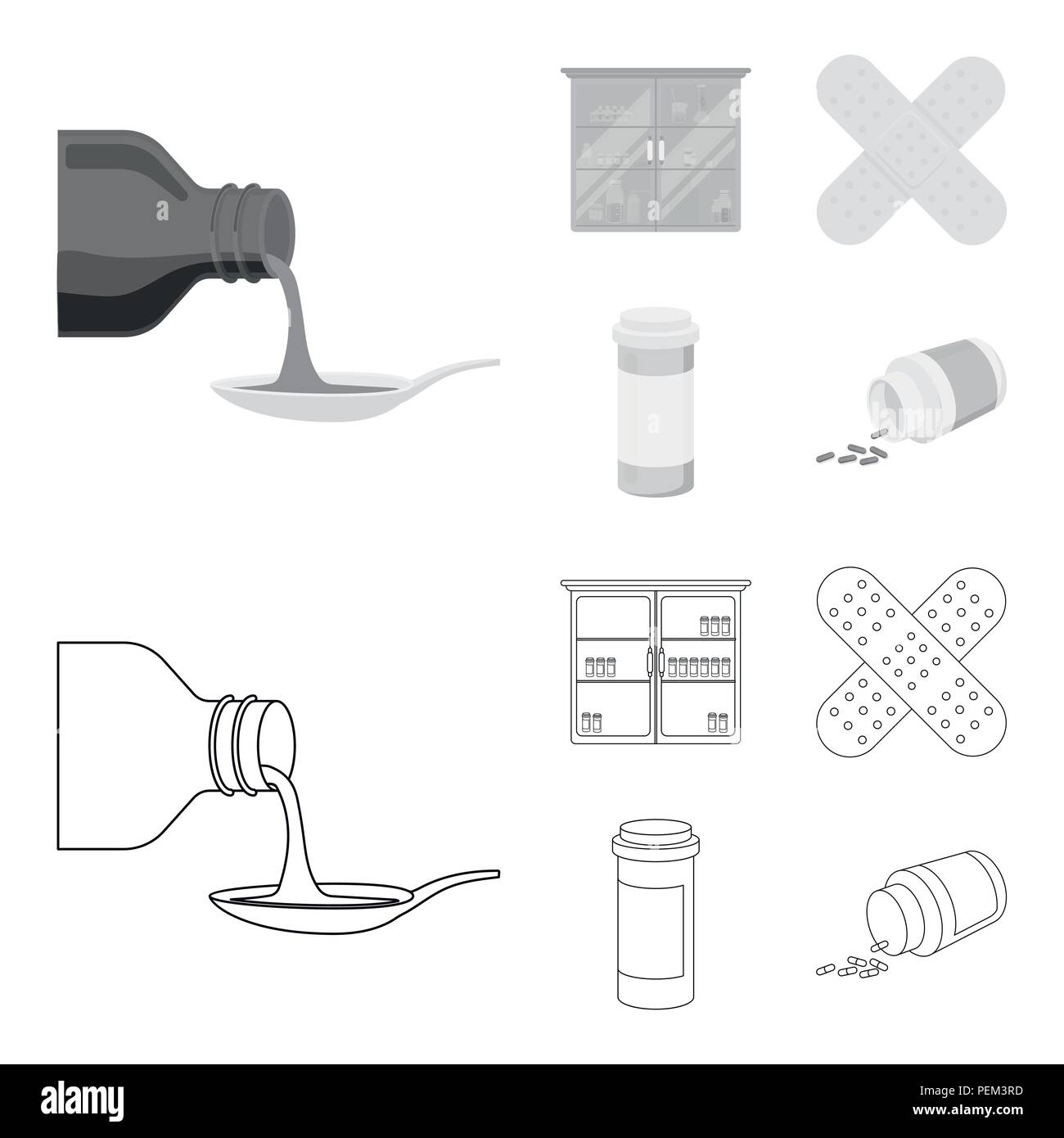 Syrup in a spoon, plaster, honey, medical cabinet.Medicine set ...
