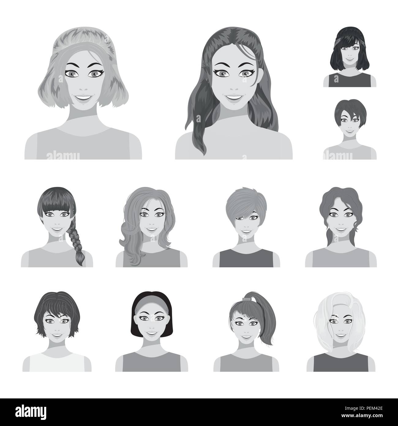 Types of female hairstyles monochrome icons in set collection for ...