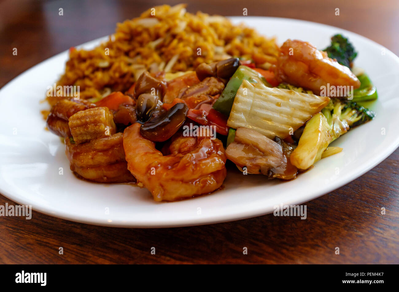 Szechuan fried Shrimp with Chinese Vegetables served with pork fried ...