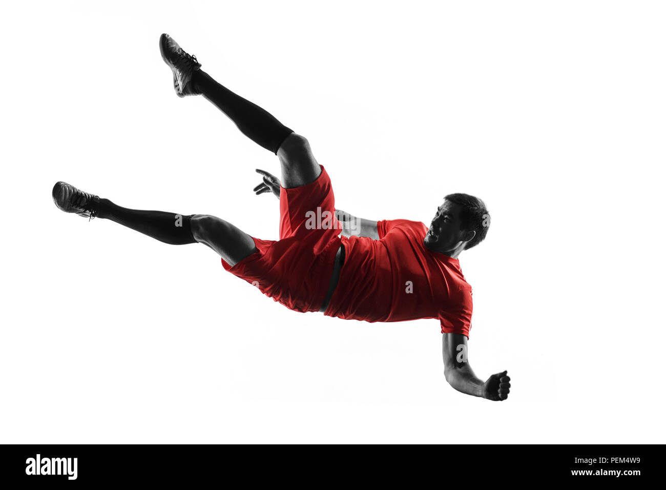 Professional football soccer player in motion isolated on white studio ...
