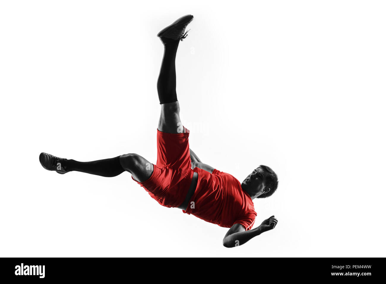 Professional football soccer player in motion isolated on white studio ...