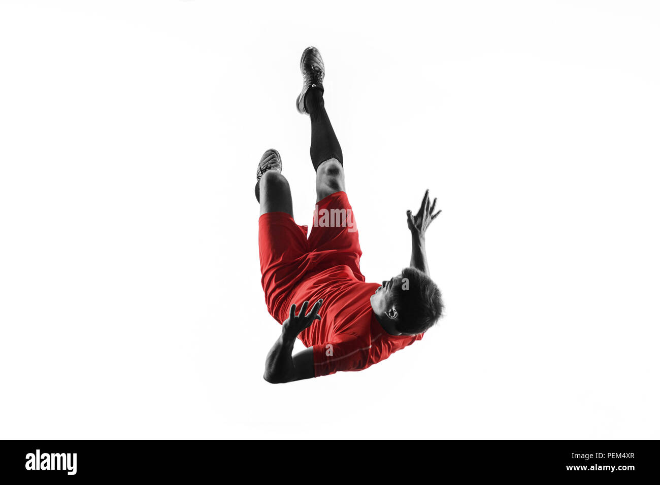 Professional football soccer player in motion isolated on white studio ...