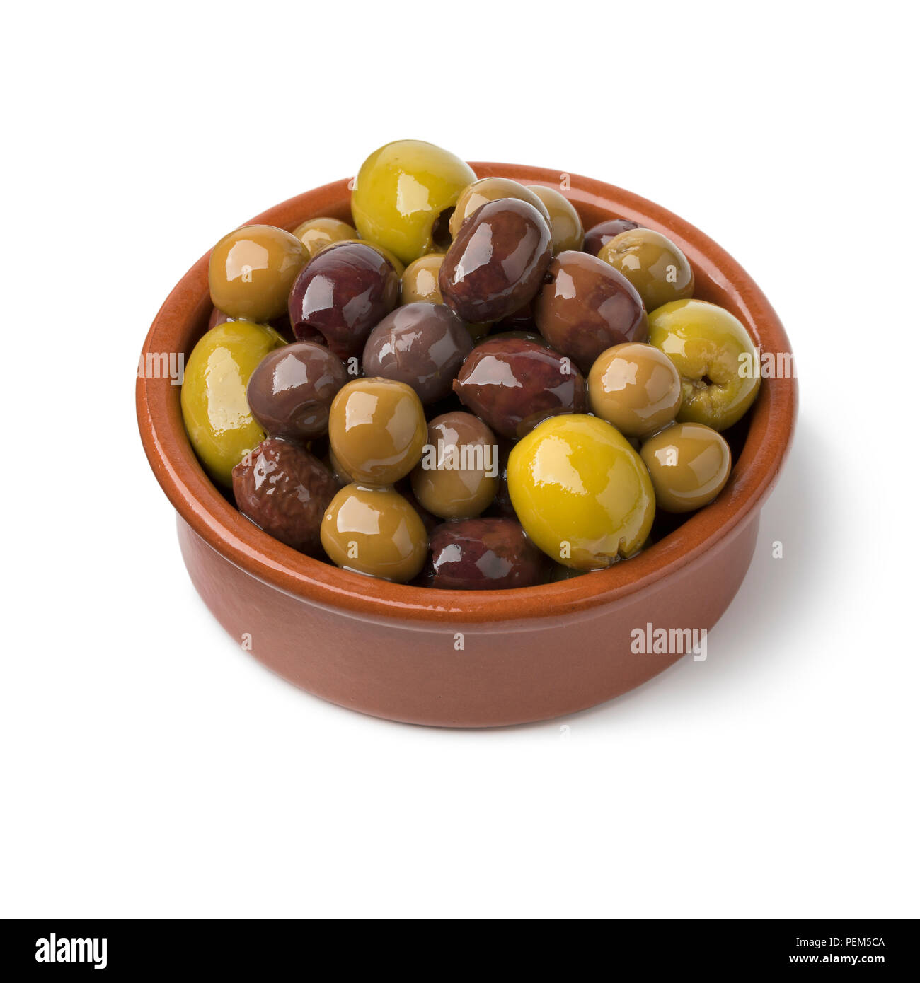 Traditional bowl with variety of spanish olives isolated on white ...