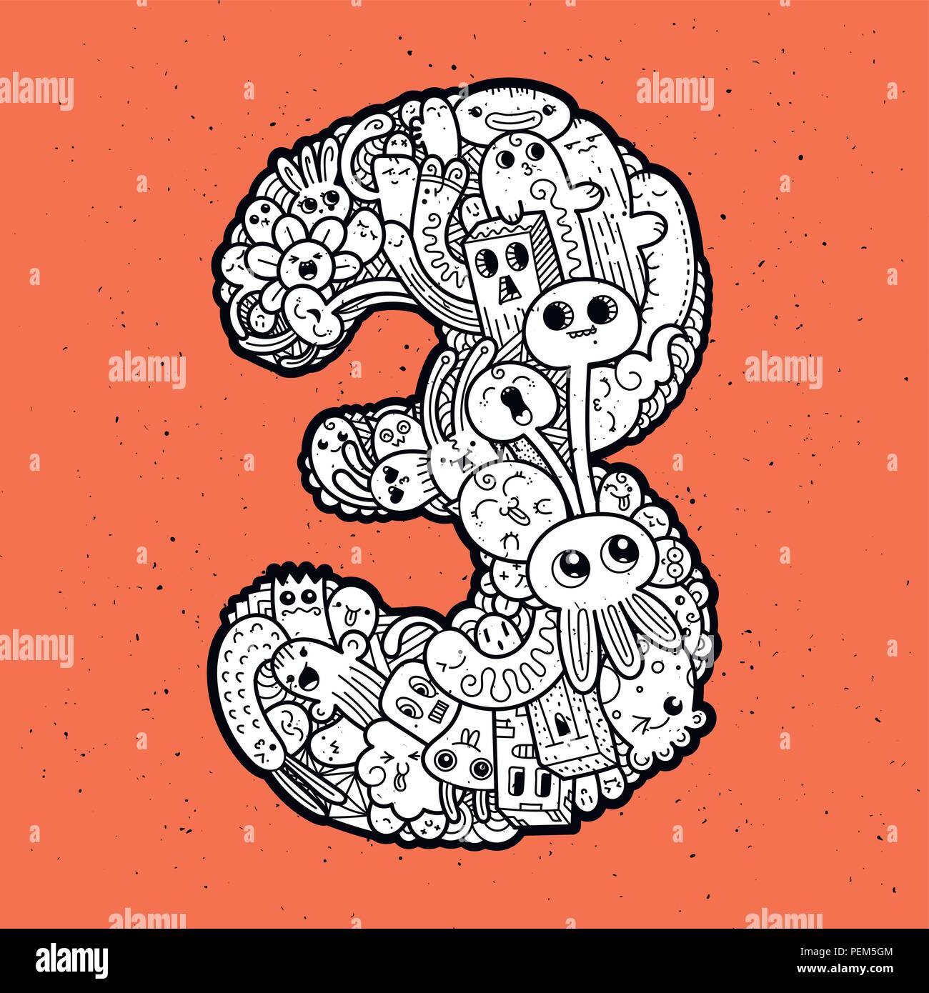 Number Three. Hand drawn doodled kids numbers. Cute monstred numbers ...