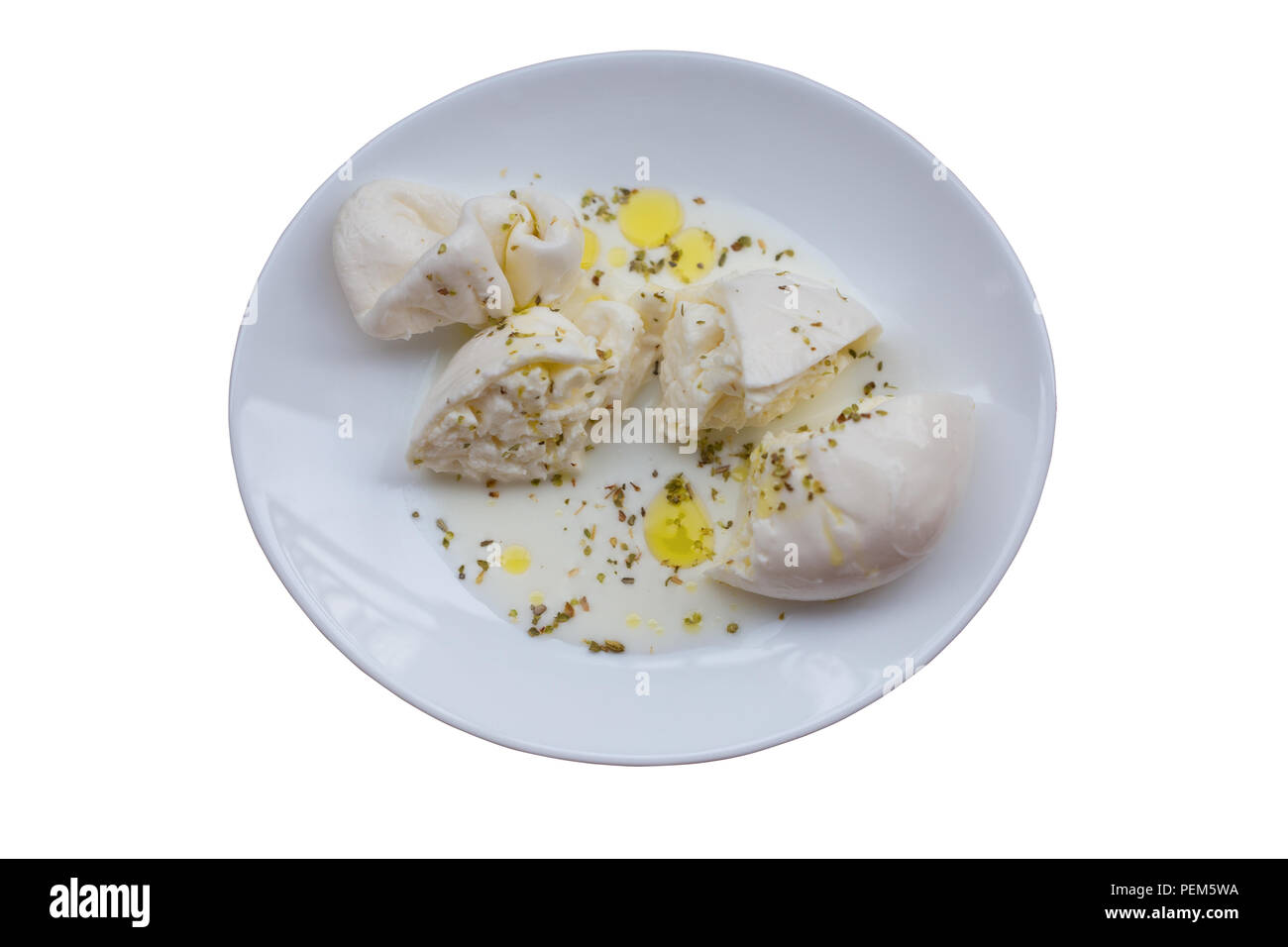 Burrata, typical Southern Italian soft cheese filled with butter, in a ...
