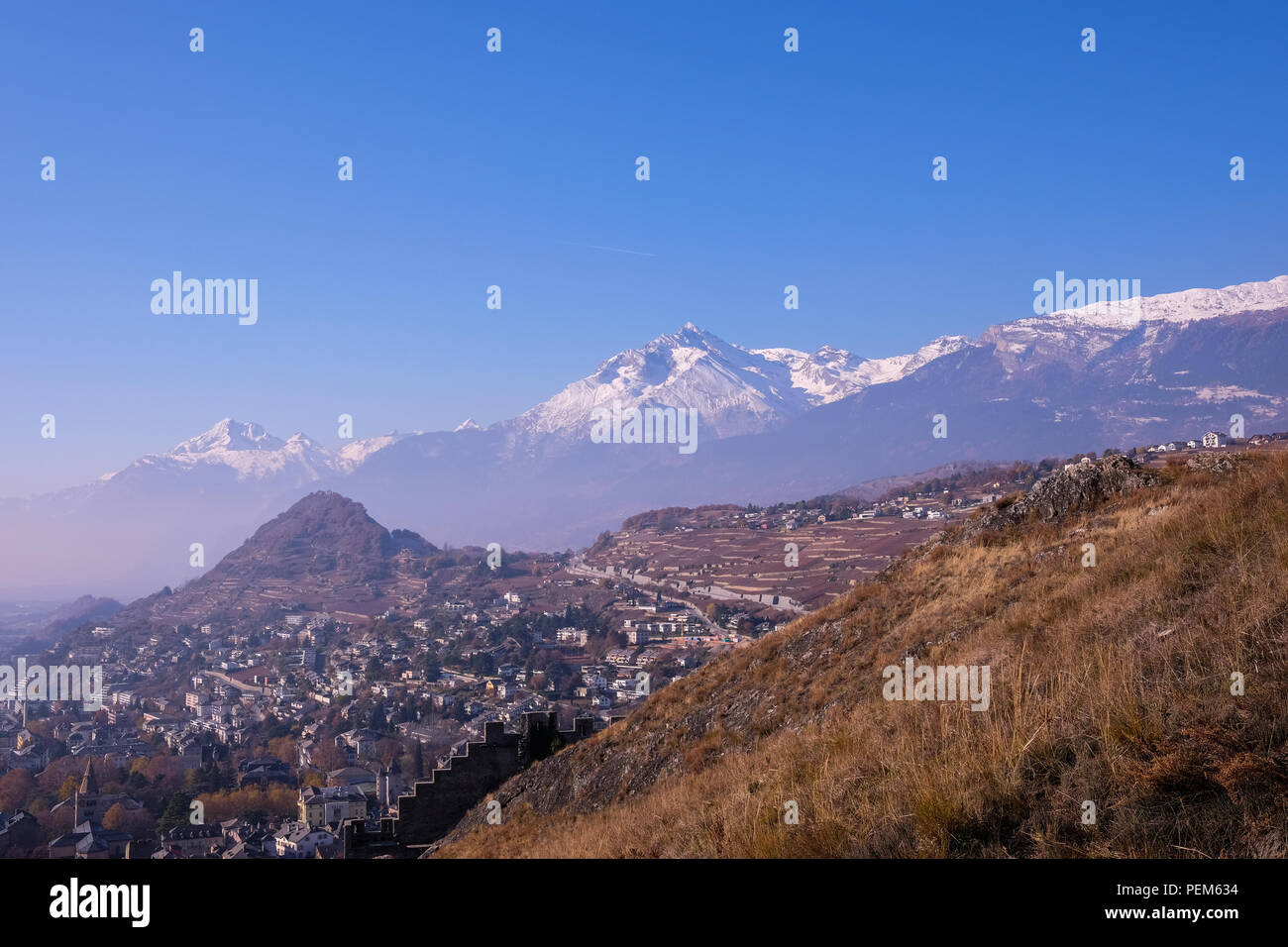 Landscape view of the city of Sion in Valais, Switzerland, taken from ...