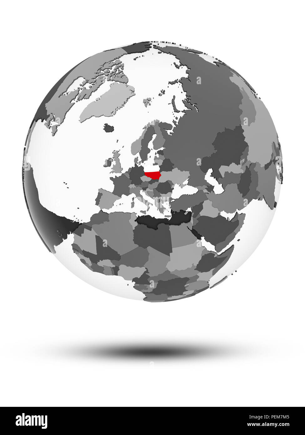 Poland with flag on globe with shadow isolated on white background. 3D ...