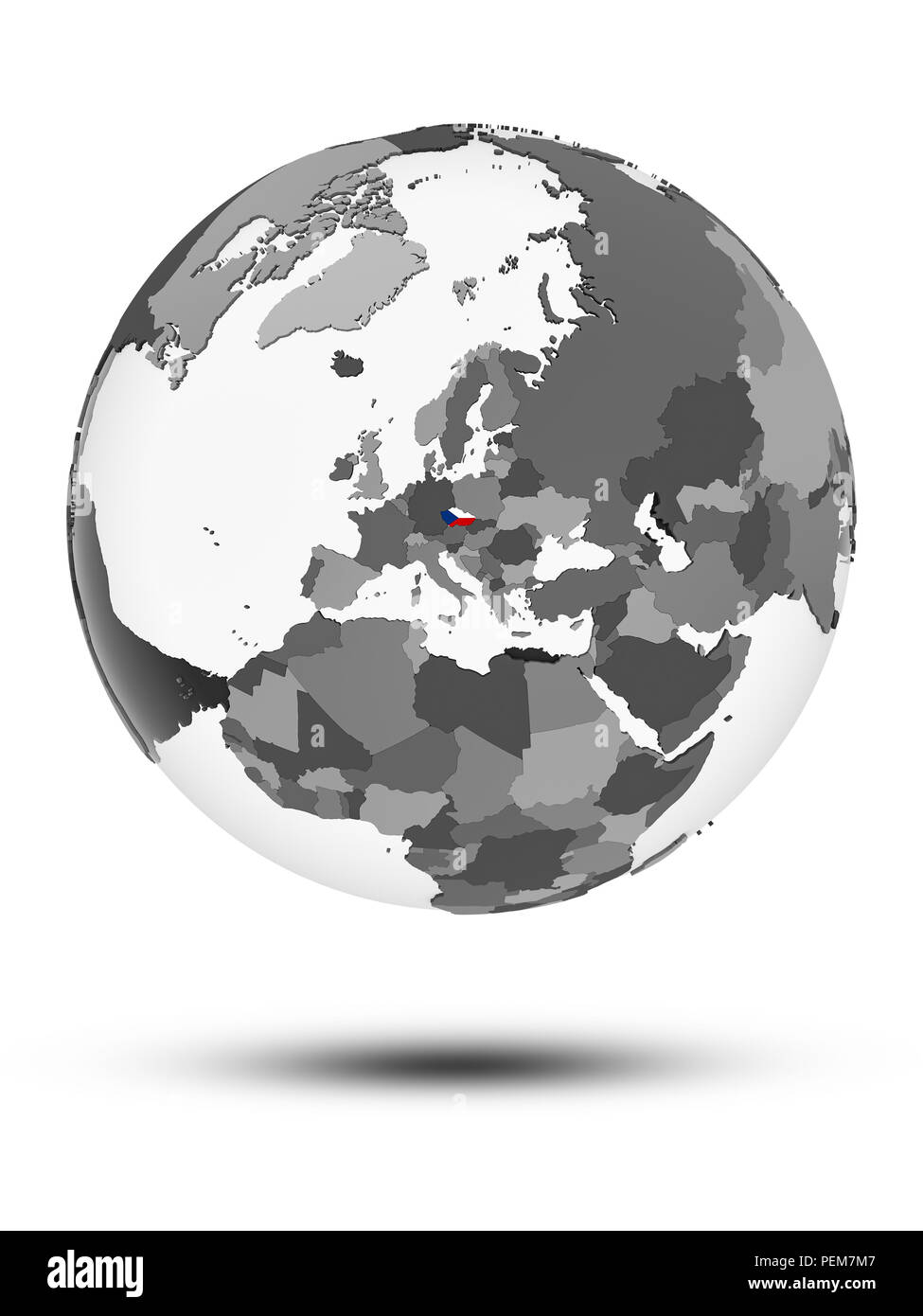 Czech republic with flag on globe with shadow isolated on white ...