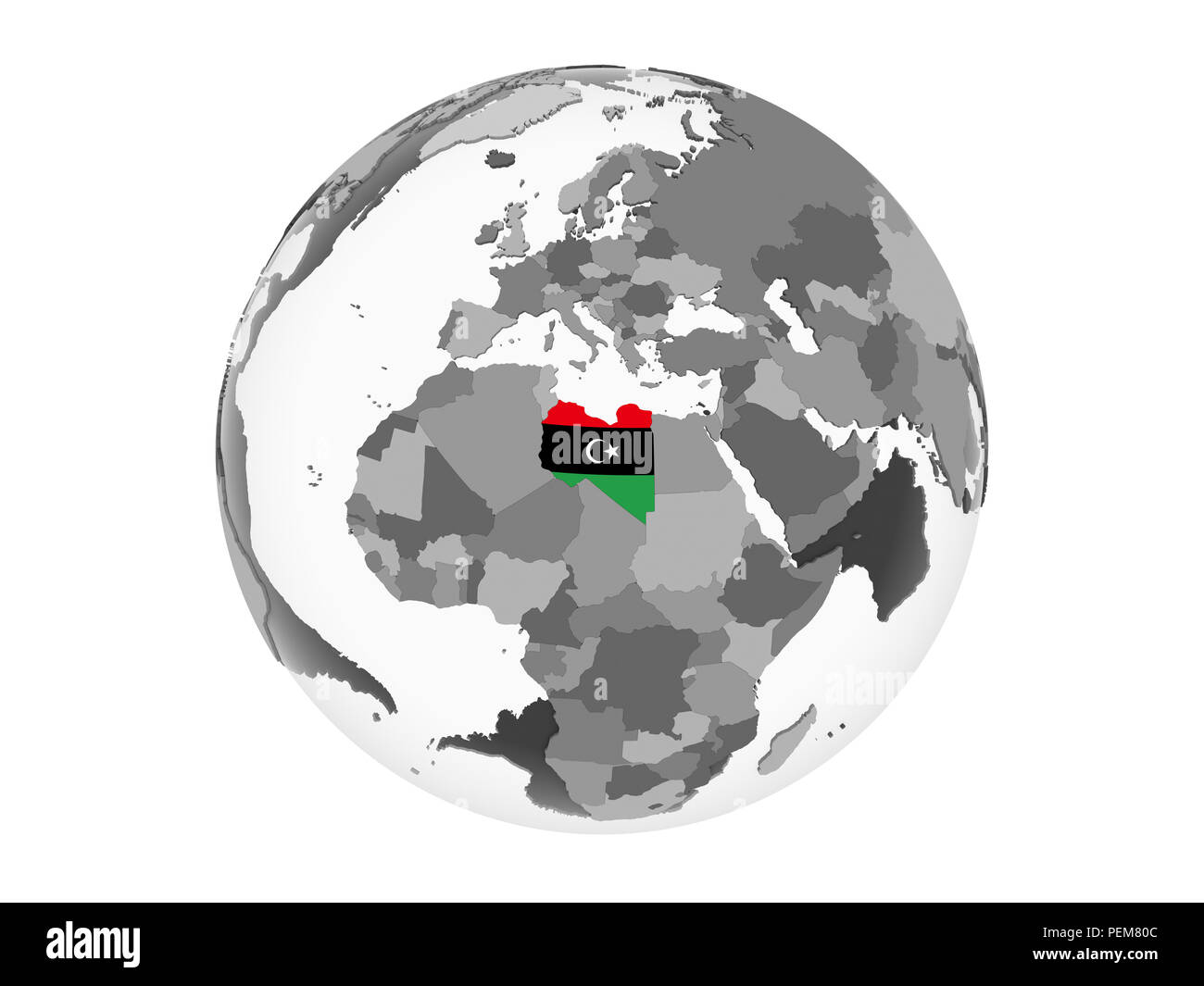 Libya on gray political globe with embedded flag. 3D illustration ...