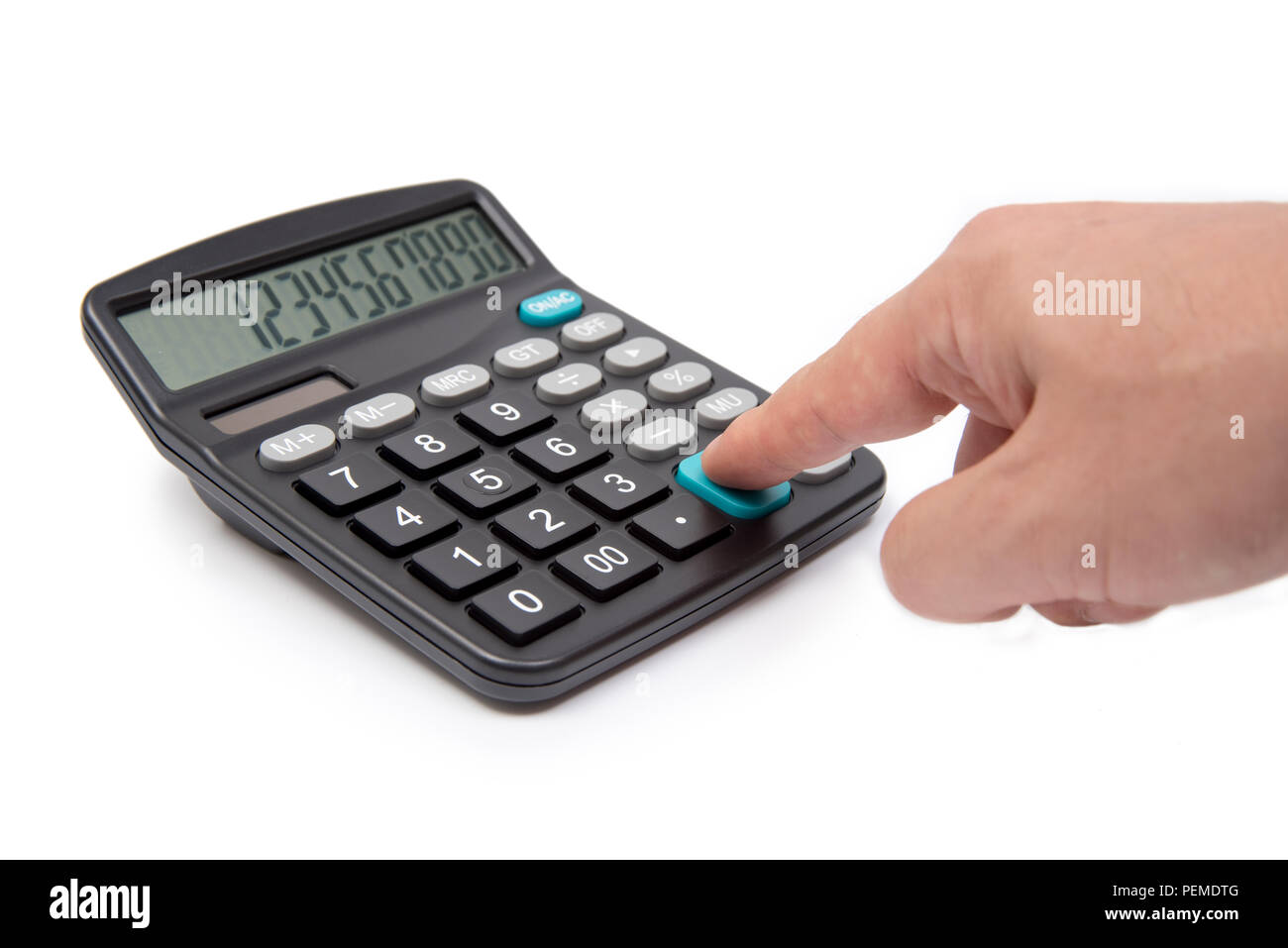calculator with hand isolated on white background Stock Photo - Alamy