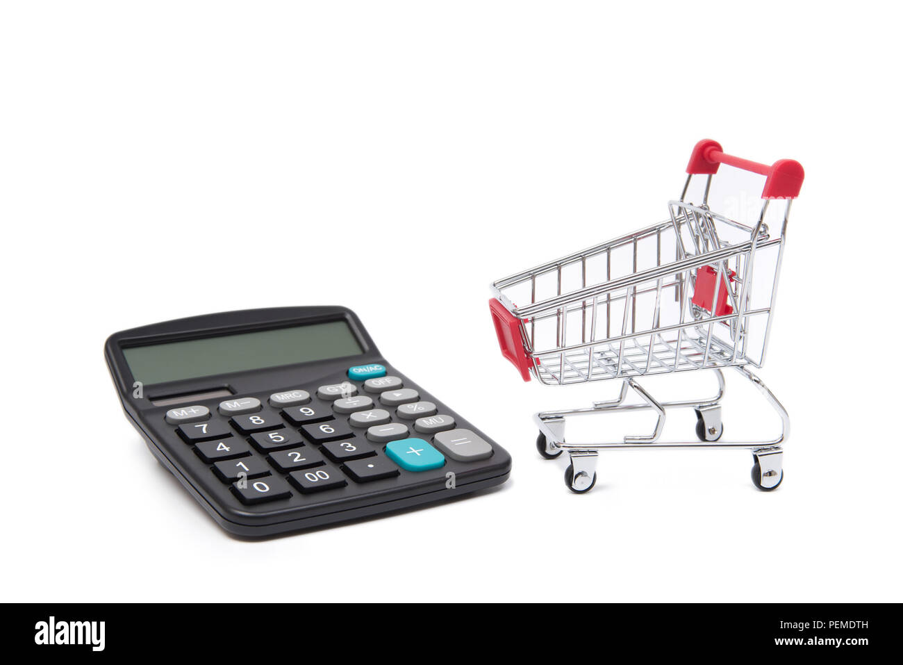 Mini Shopping Cart and Digital Calculator on White Background Stock ...
