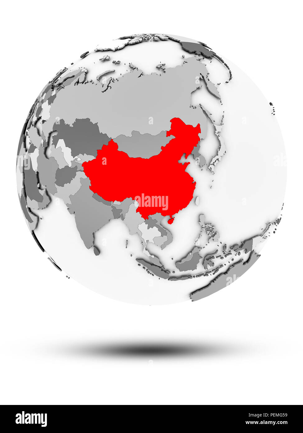 China on simple gray globe with shadow isolated on white background. 3D ...