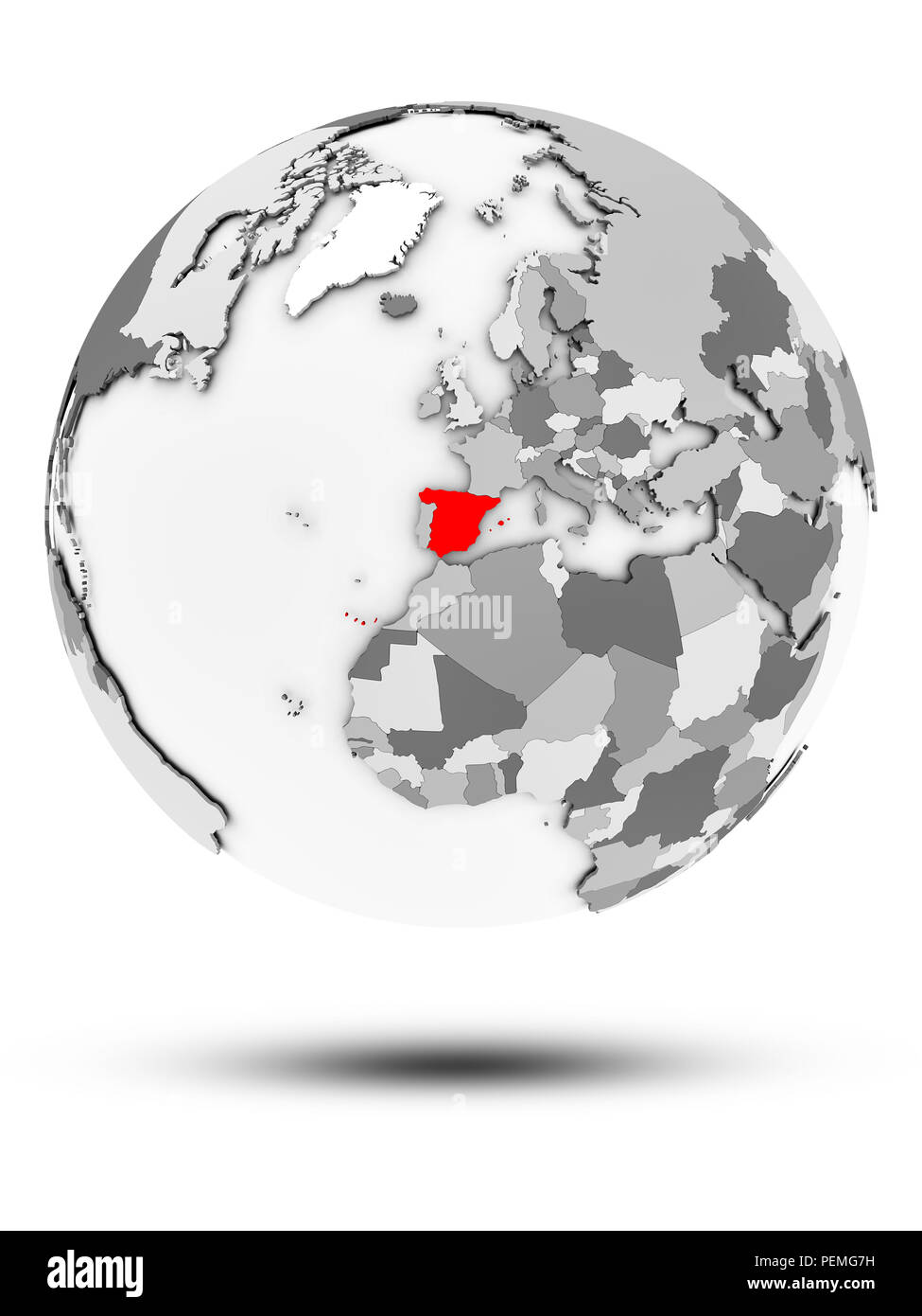 Spain on simple gray globe with shadow isolated on white background. 3D ...