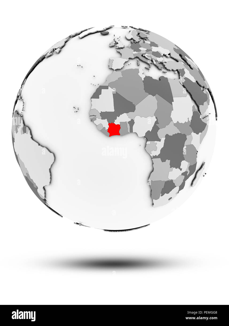 Ivory Coast on simple gray globe with shadow isolated on white ...