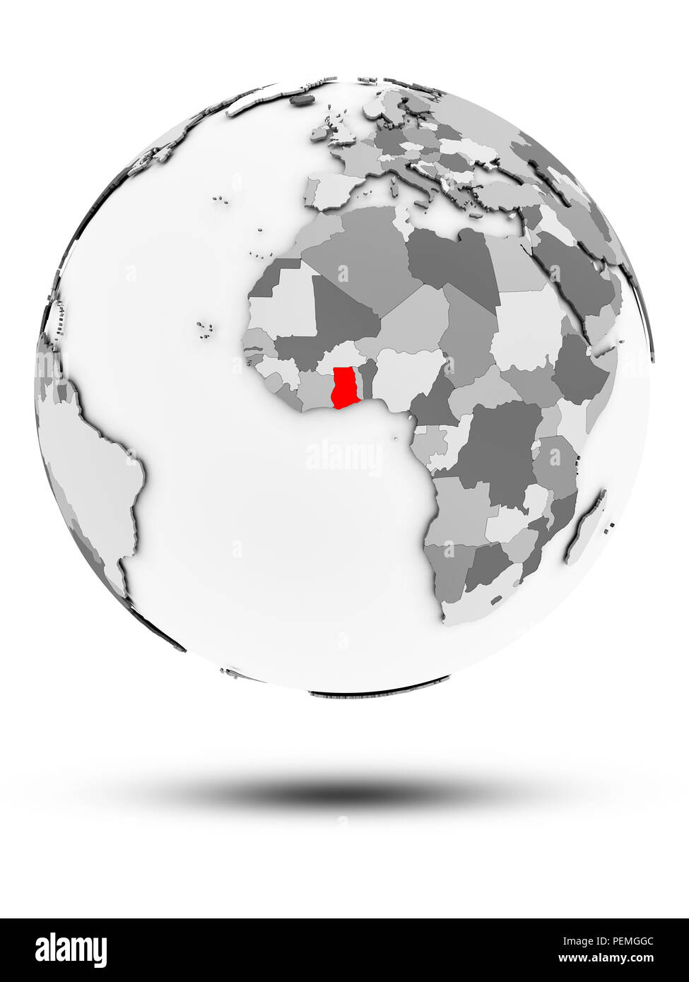 Ghana on simple gray globe with shadow isolated on white background. 3D ...