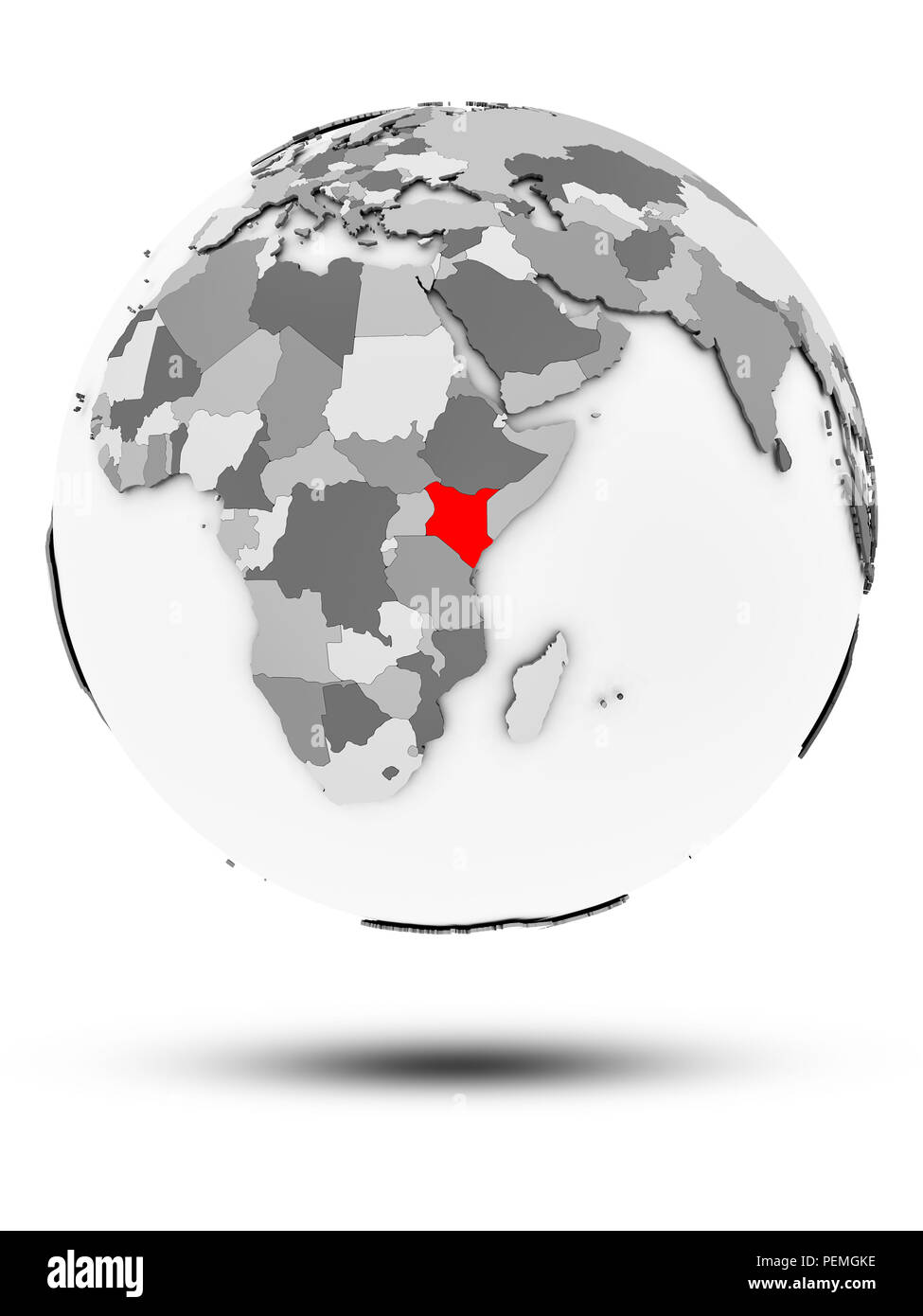 Kenya on simple gray globe with shadow isolated on white background. 3D ...