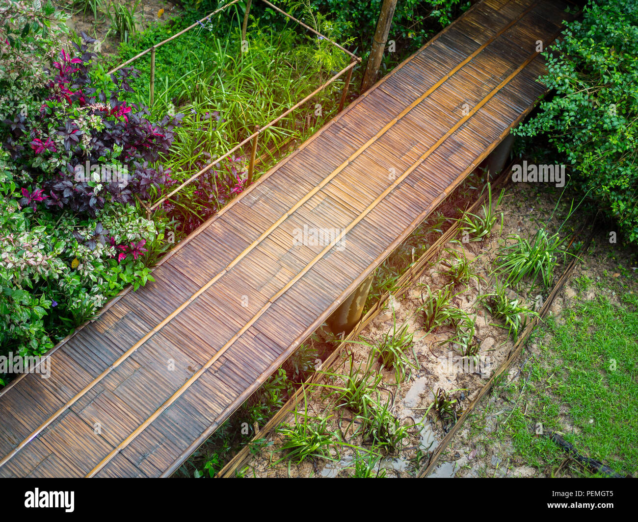 Wooden bridge walkway. Bamboo Bridge with tree and flower park and ...