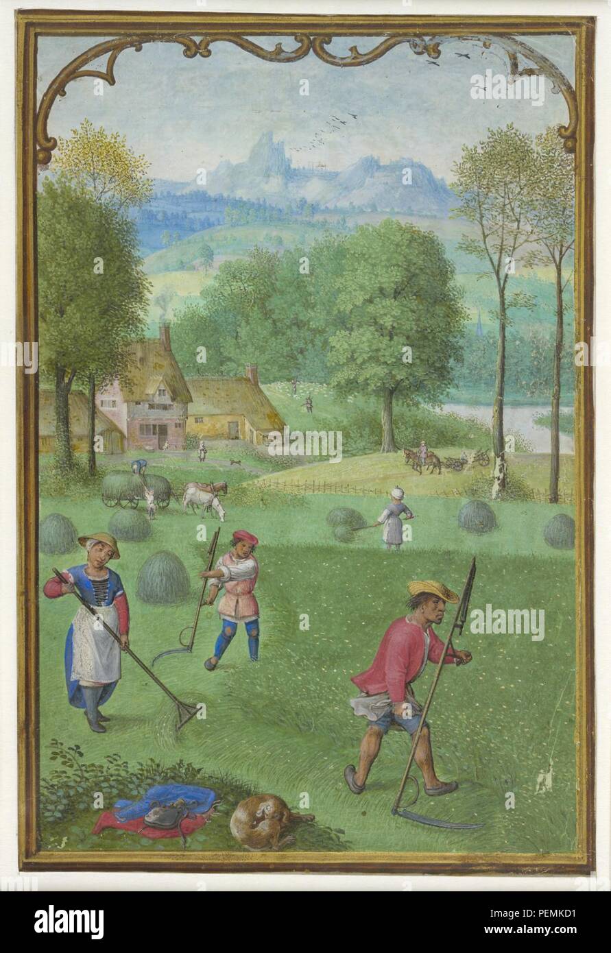 Book of Hours - caption 'Haymaking' Stock Photo - Alamy
