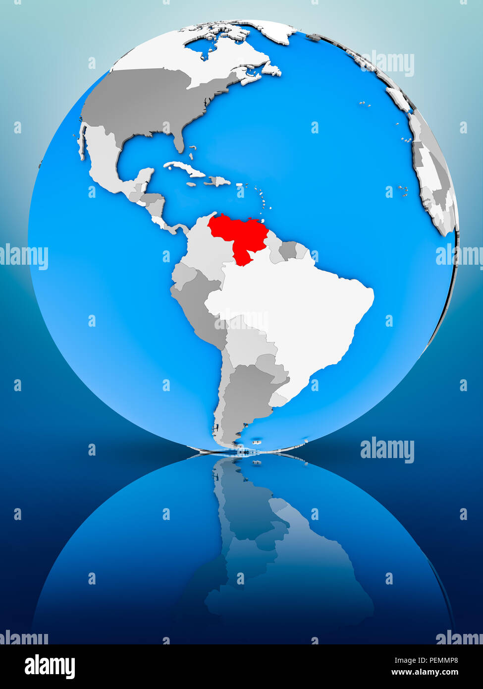 Venezuela on globe reflecting on surface. 3D illustration Stock Photo ...