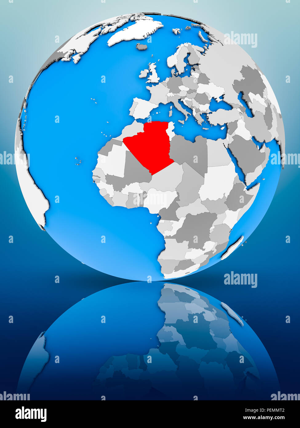 Algeria on globe reflecting on surface. 3D illustration Stock Photo - Alamy
