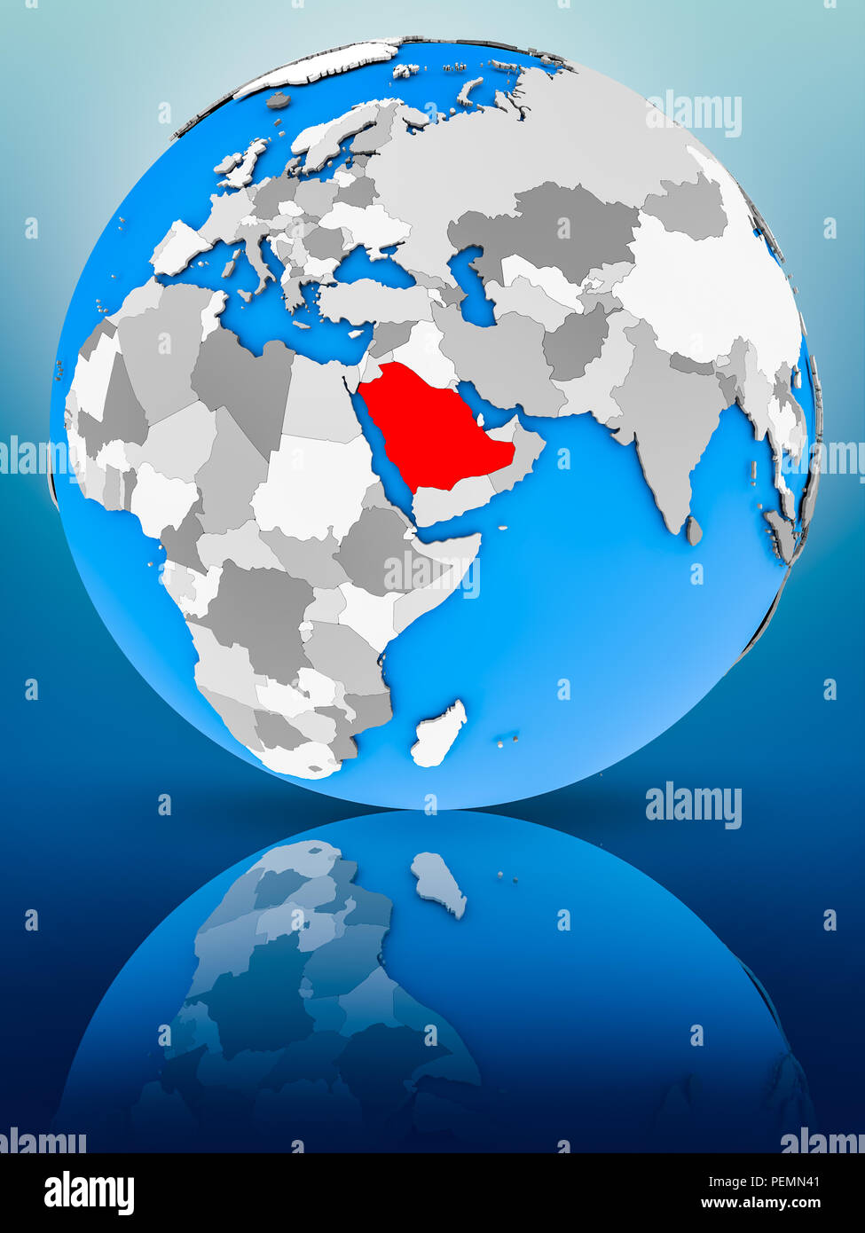 Saudi Arabia on globe reflecting on surface. 3D illustration Stock ...