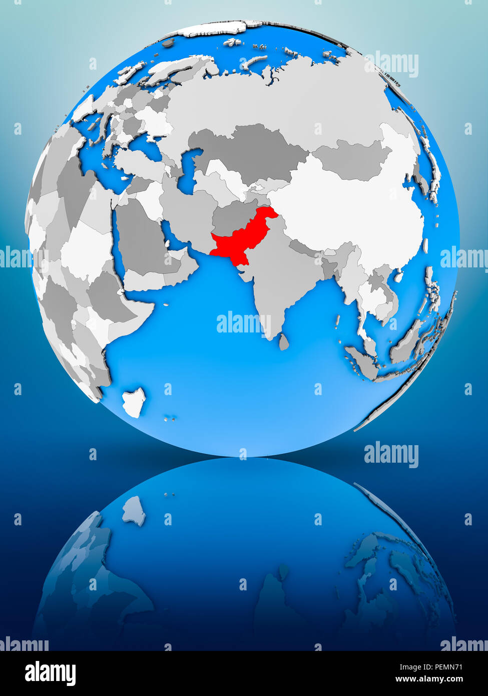 Pakistan on globe reflecting on surface. 3D illustration Stock Photo ...