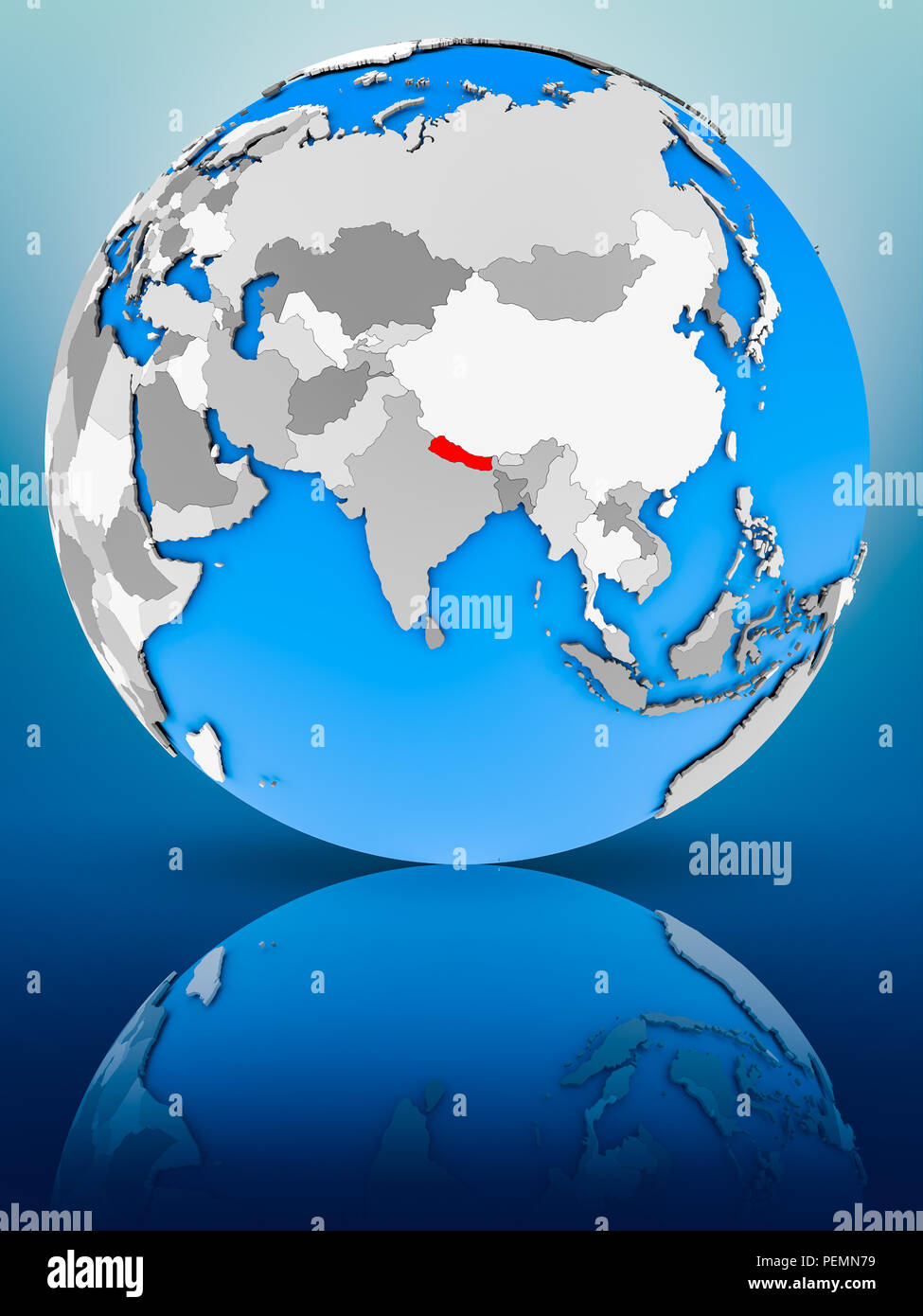 Nepal on globe reflecting on surface. 3D illustration Stock Photo - Alamy