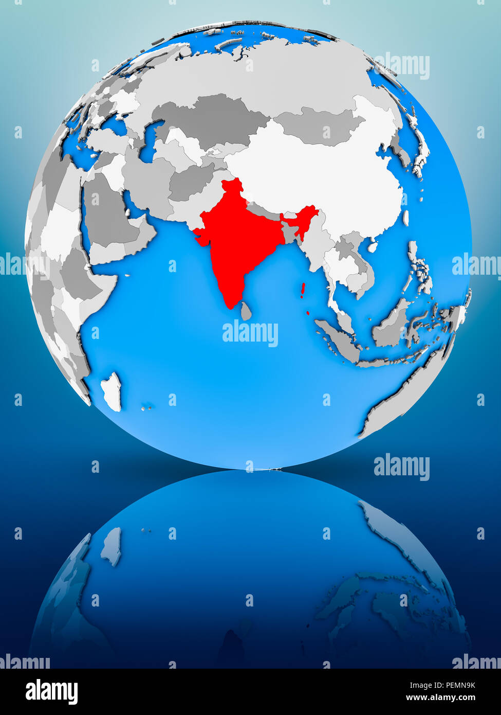 India on globe reflecting on surface. 3D illustration Stock Photo - Alamy