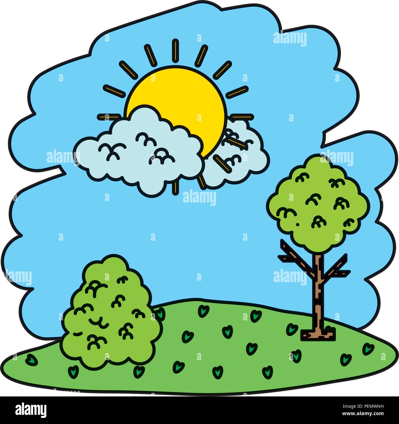 color nature sun with clouds and tree landscape Stock Vector Image ...