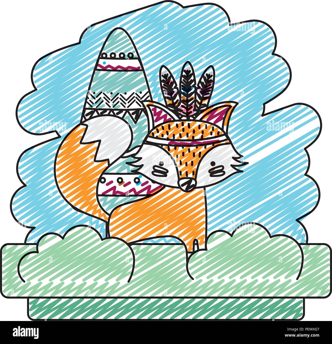 doodle tribal fox animal with feathers style Stock Vector Image & Art ...