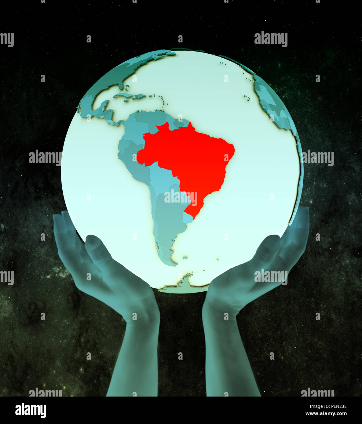 Brazil on shiny blue globe in hands in space. 3D illustration Stock ...