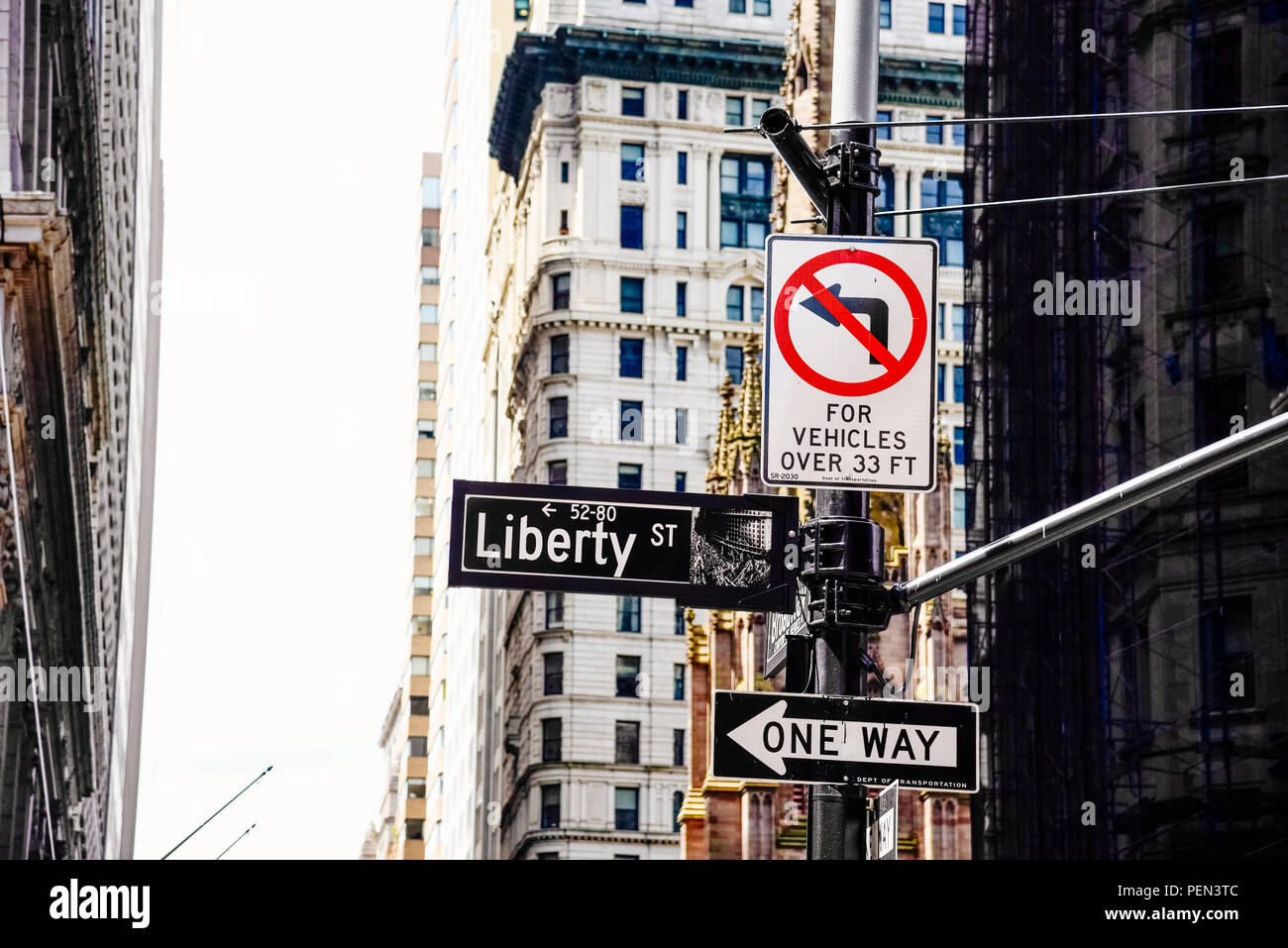Road signs in New York City against buildings in financial district ...