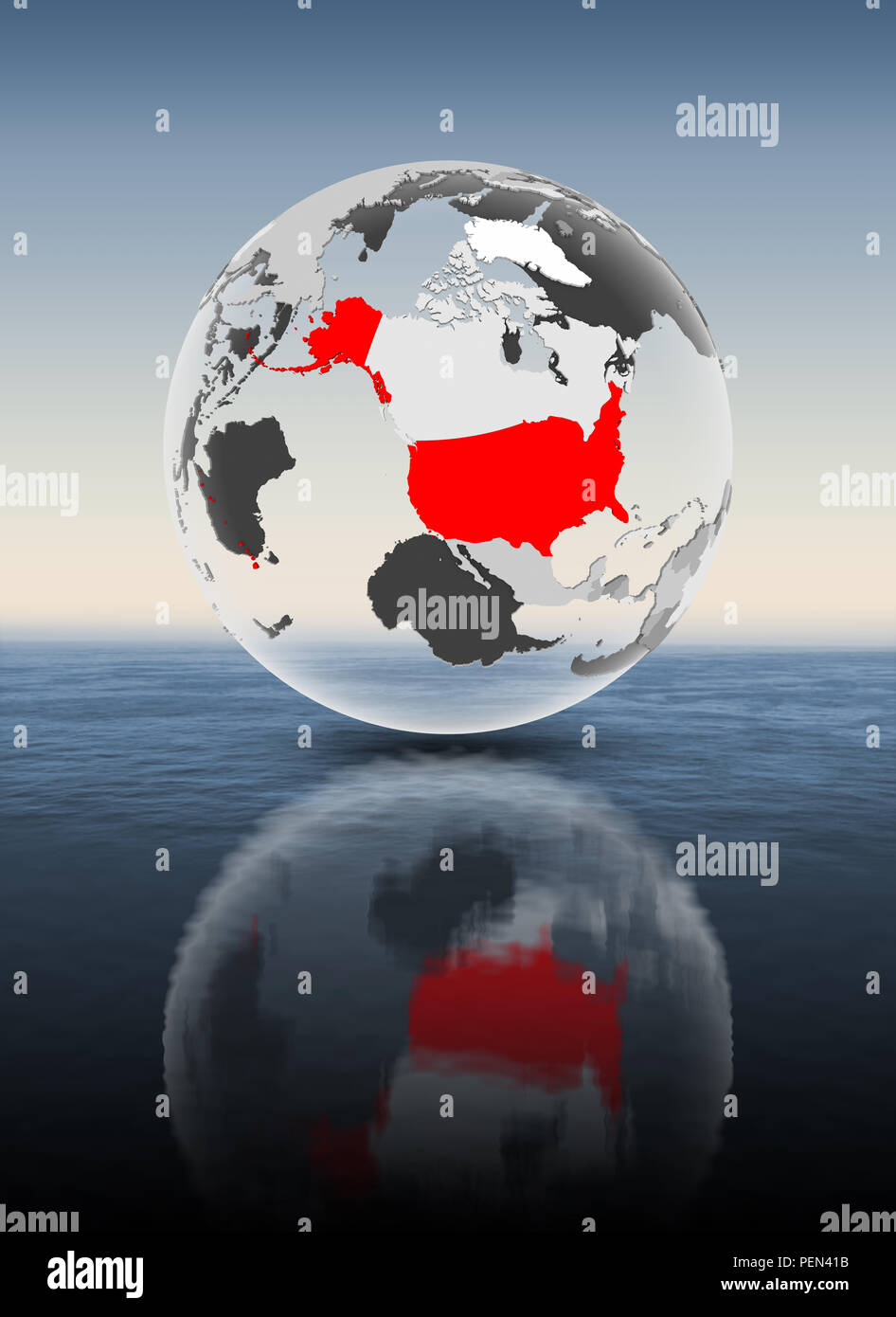 USA in red on translucent globe floating above water. 3D illustration ...