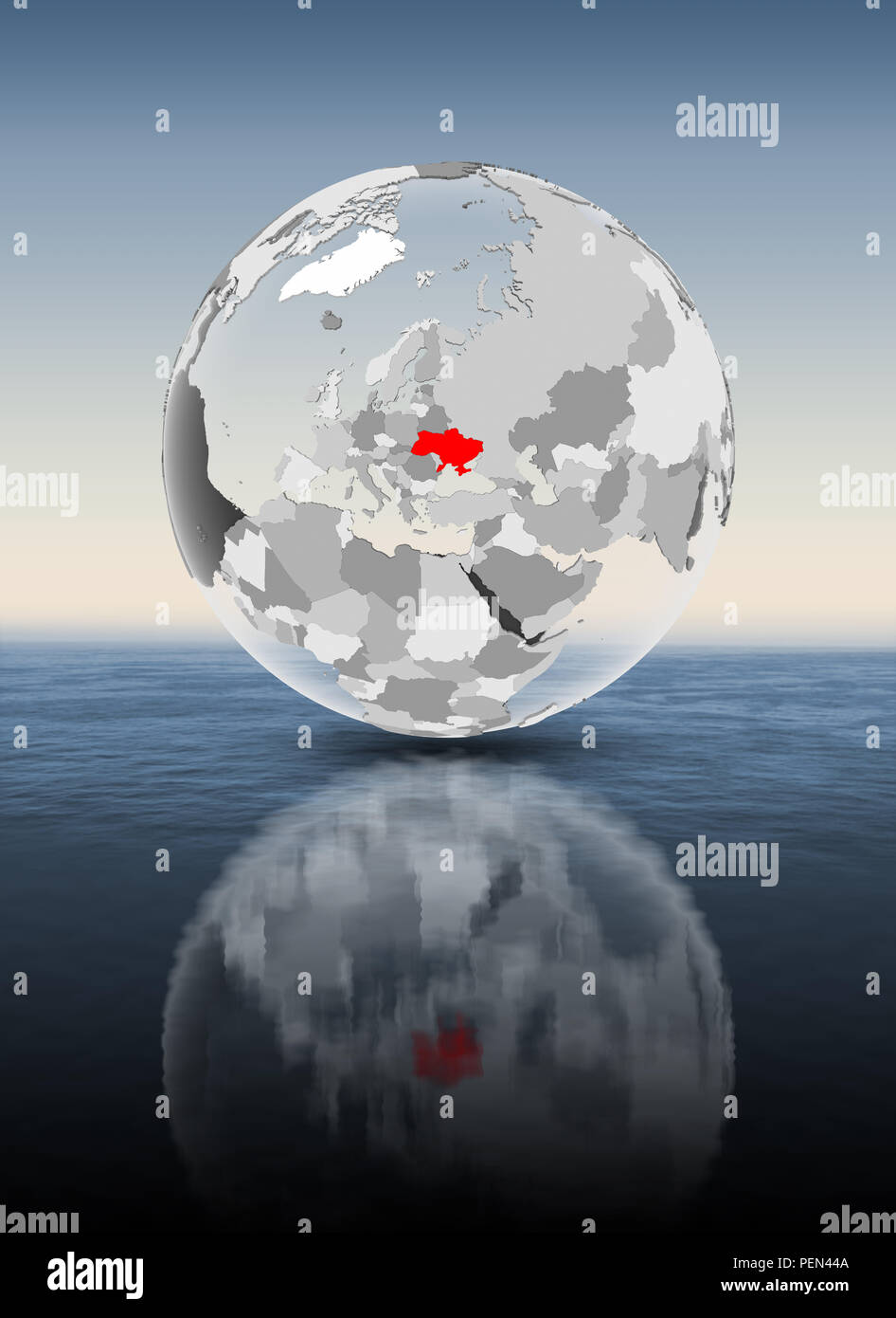 Ukraine in red on translucent globe floating above water. 3D ...