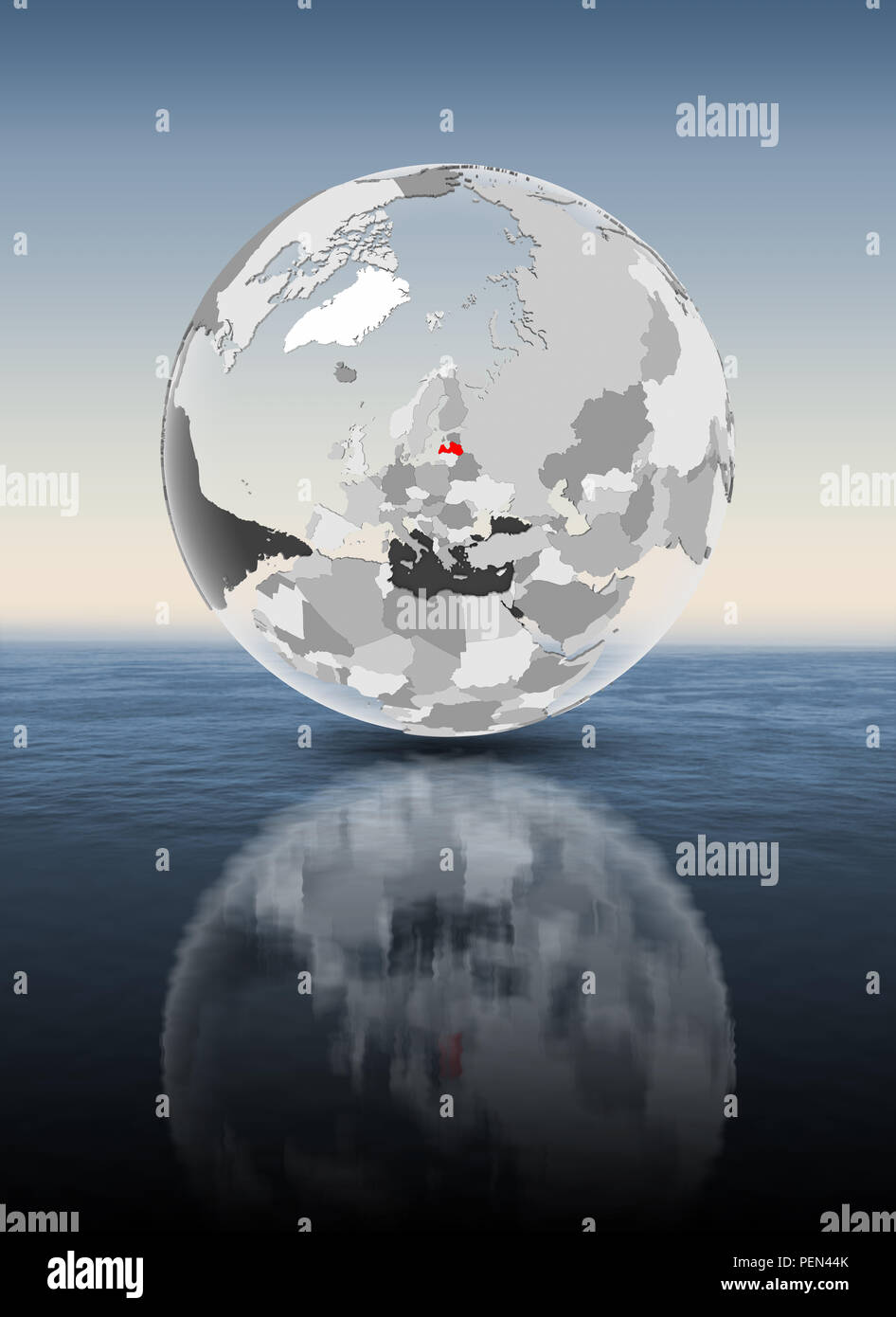 Latvia in red on translucent globe floating above water. 3D ...
