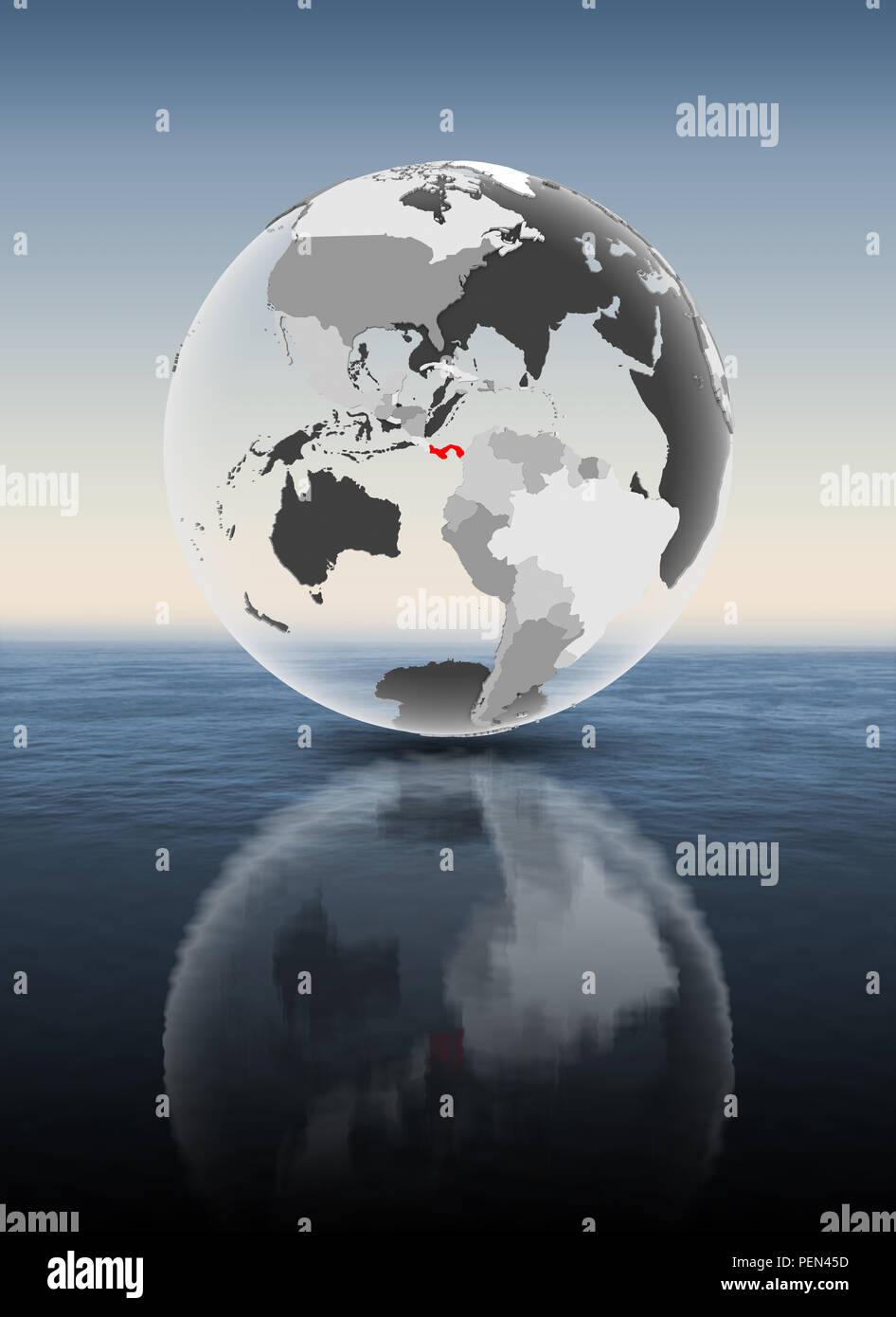 Panama in red on translucent globe floating above water. 3D ...