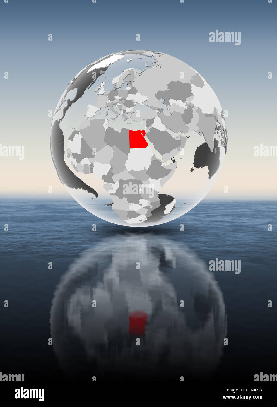 Egypt in red on translucent globe floating above water. 3D illustration ...